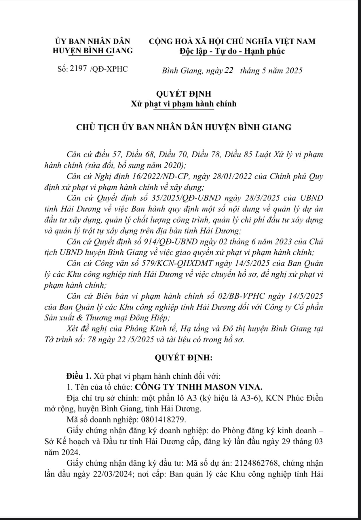 Công ty TNHH Mason Vina (Bình Giang) bị phạt 910 triệu đồng do vi phạm trật tự xây dựng