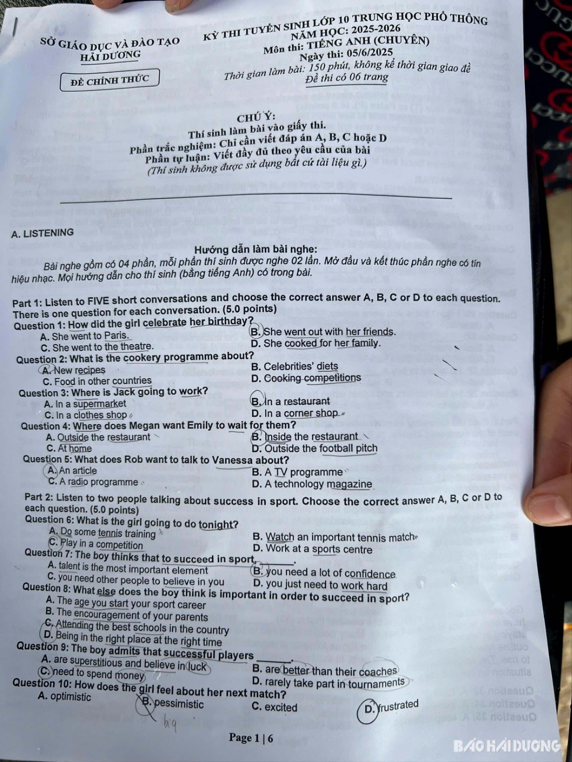 Đề thi môn tiếng Anh vào lớp 10 Trường THPT chuyên Nguyễn Trãi
